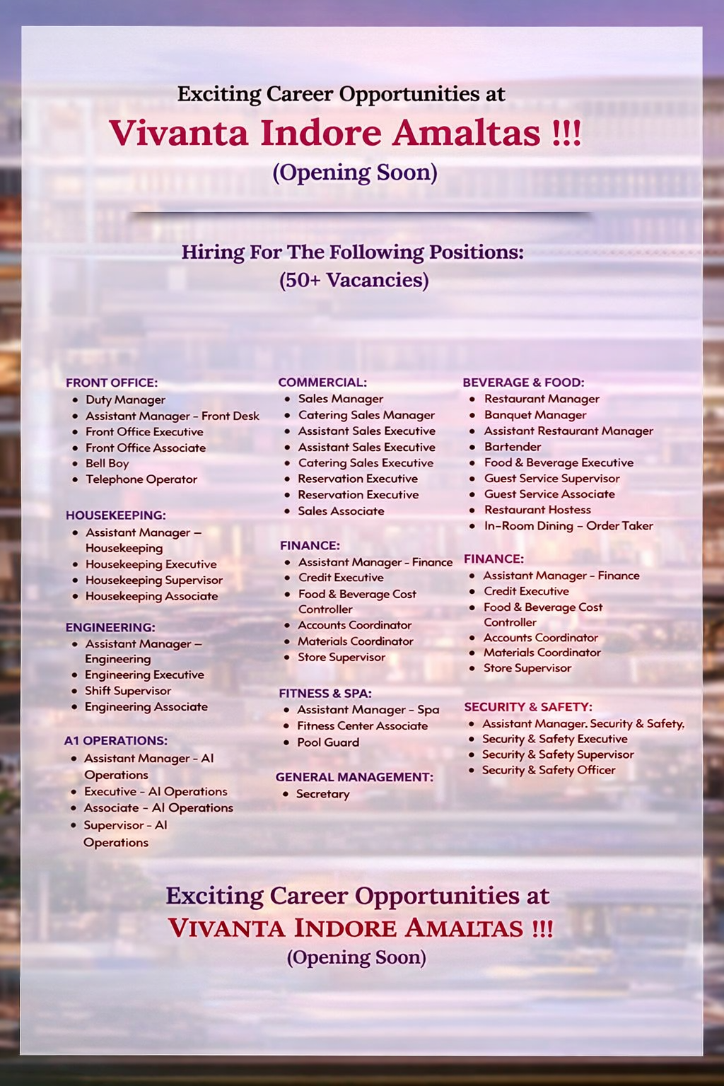 Pre-Opening Jobs at Vivanta Indore Amaltas | All Departments - Maldives ...