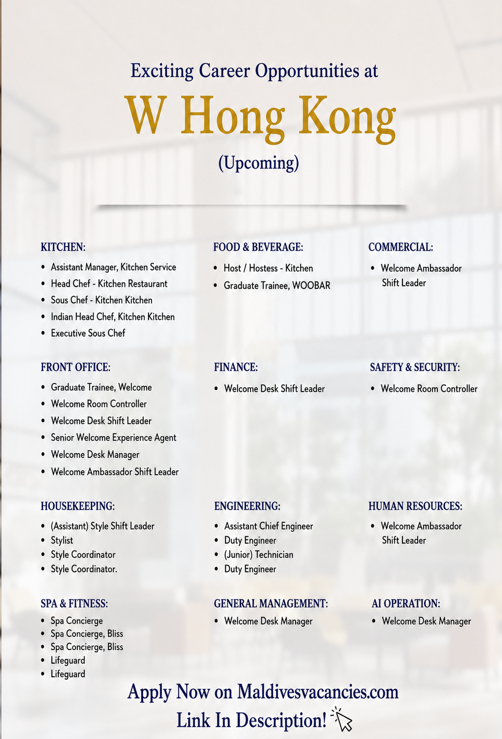 Job Openings at W Hong Kong | All Departments - Maldives Vacancies